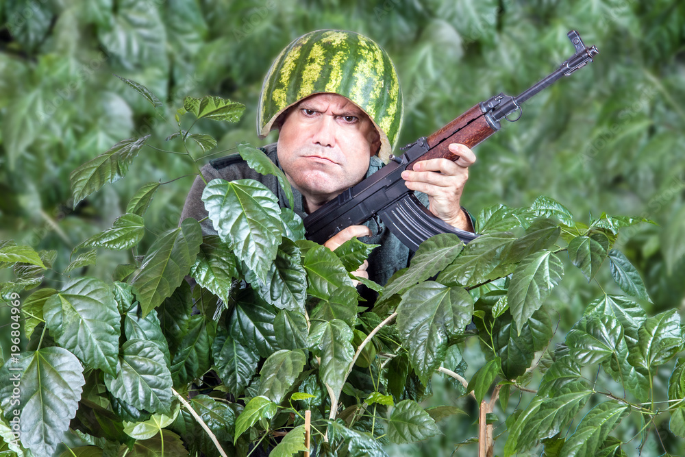 Funny soldier with a machine gun AK 47 sticking out of the green leaves ...