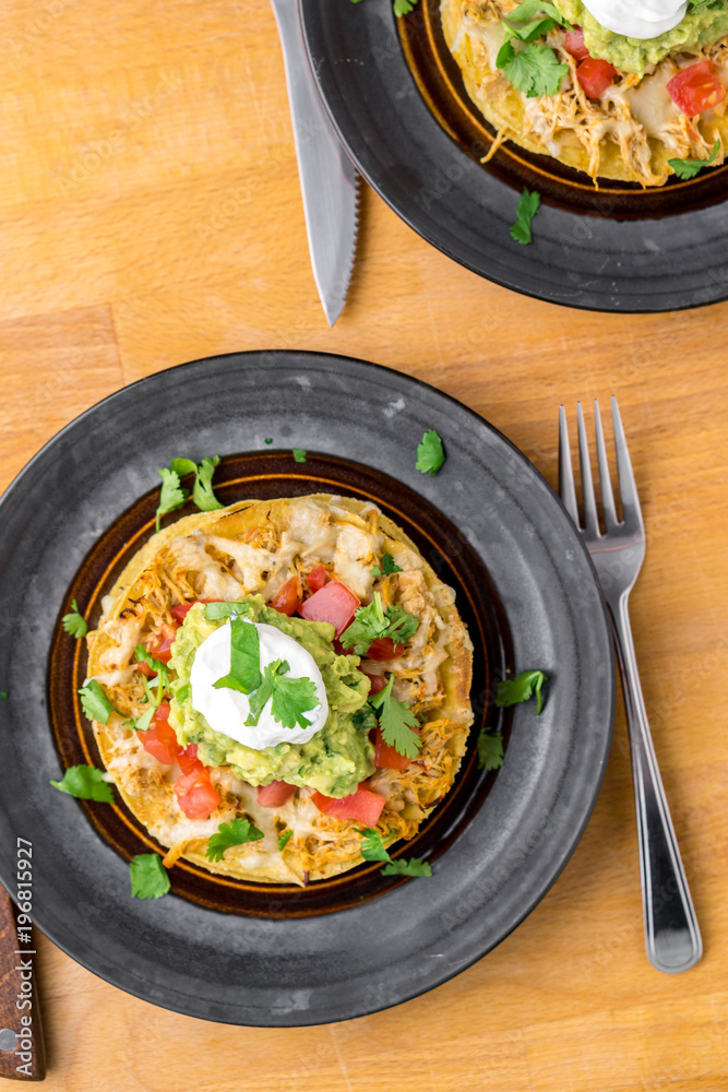 Tostada stack meal from above. Tostadas are a type mexican food, made ...