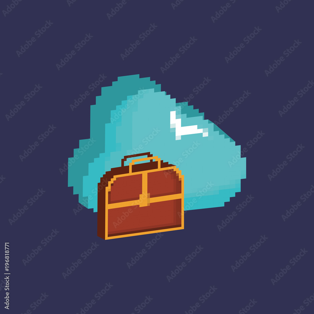 video game design with pixelated cloud and chest box over black ...