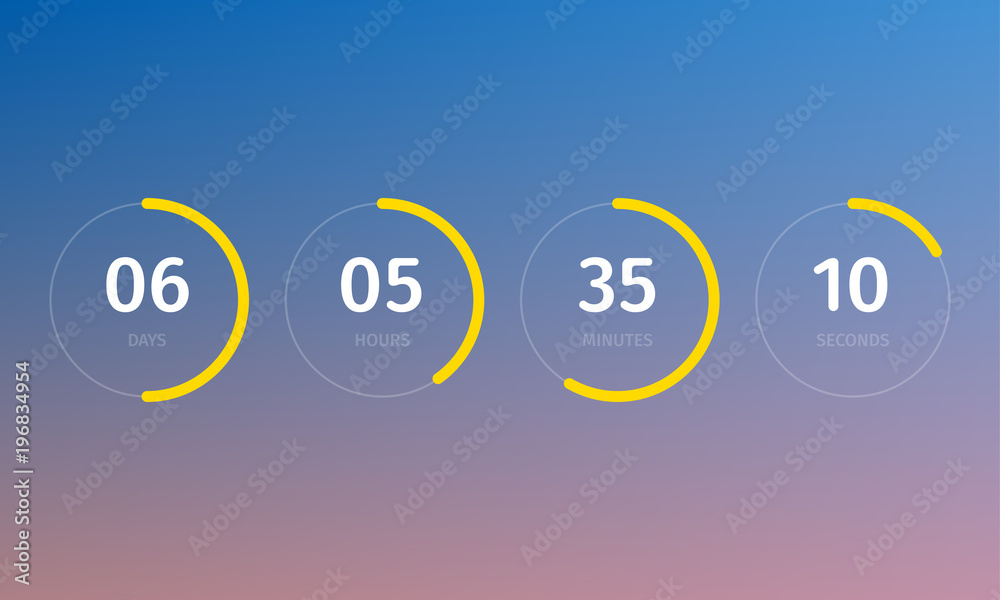 Countdown clock counter timer. Vector digital count down meter circle board with circle time pie ...
