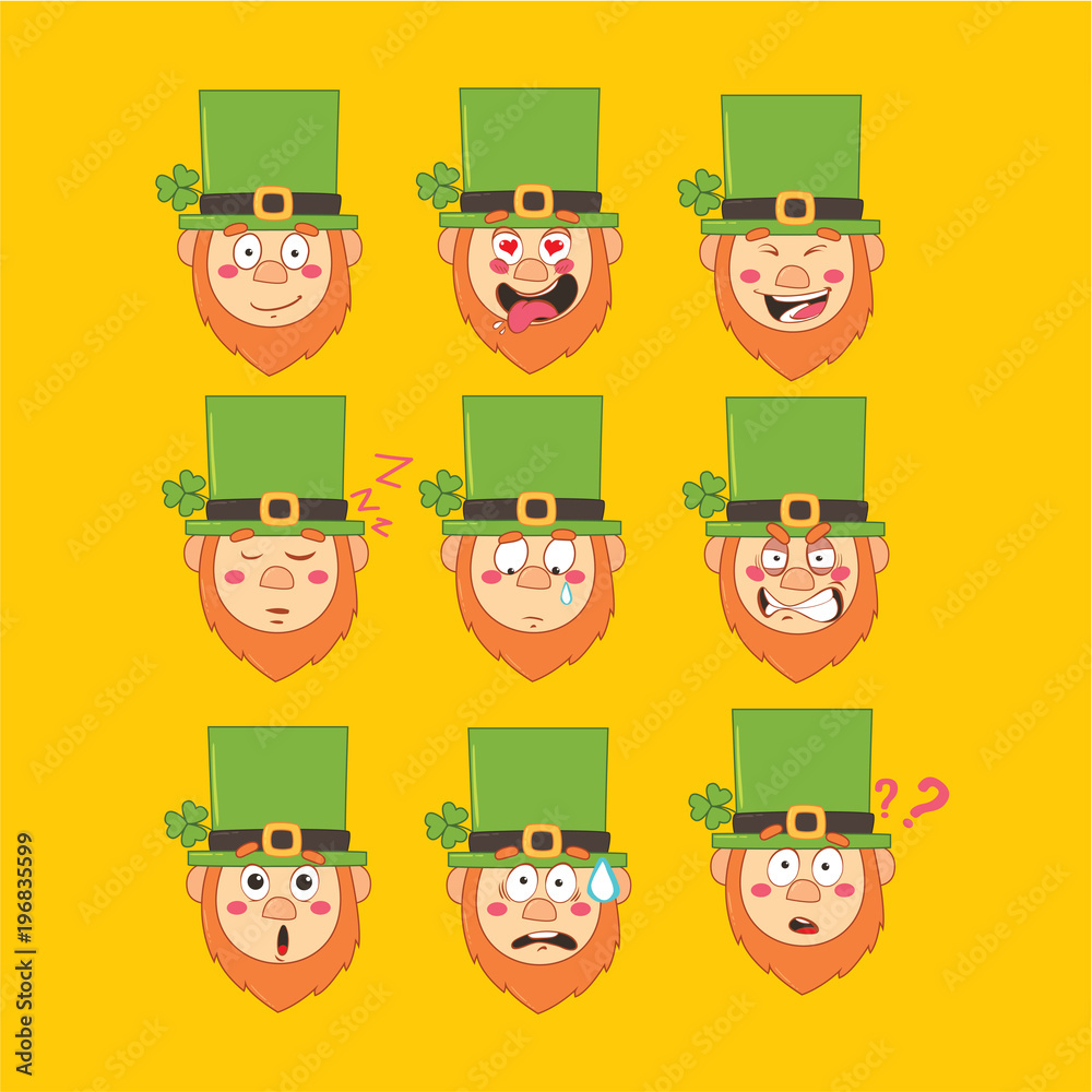 saint patrick emoji, leprechaun smile icons set, vector, cartoon ...