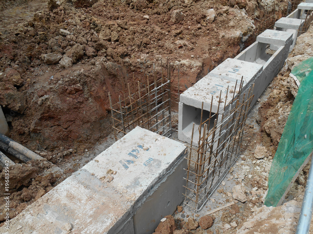 Underground precast concrete drainage under construction at the ...