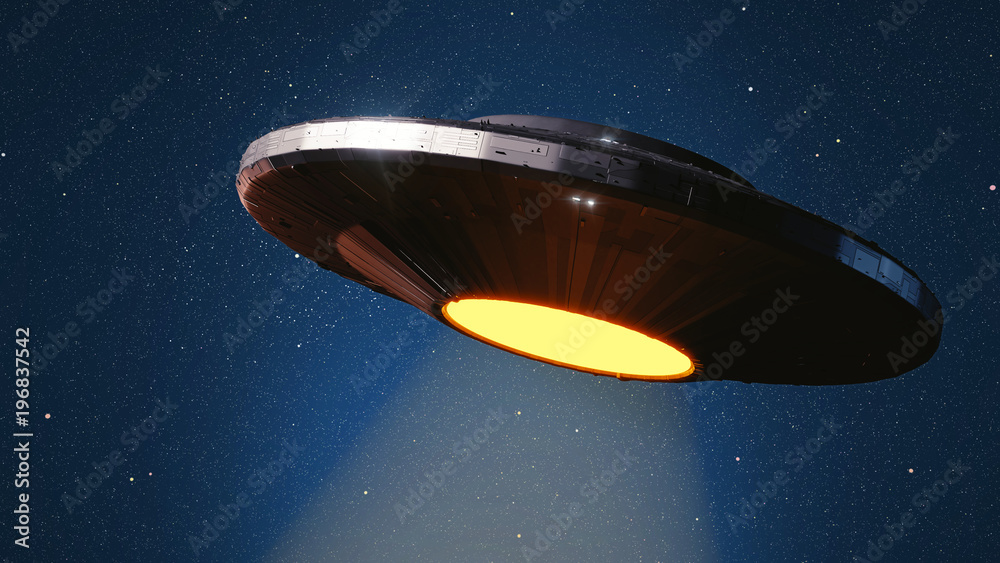 UFO, alien spaceship with light beam in night sky, flying saucer with ...