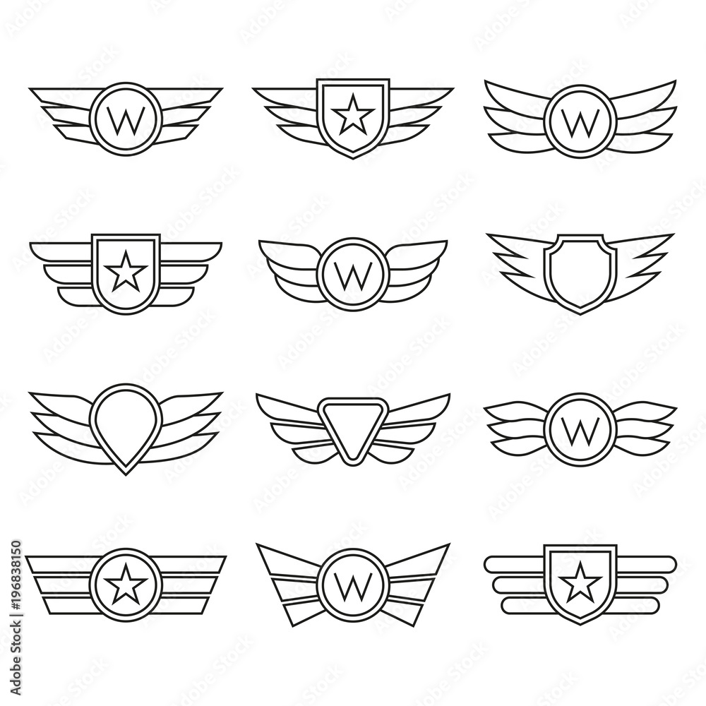 Wings line icon set. Winged logo and emblem collection. Company, army ...