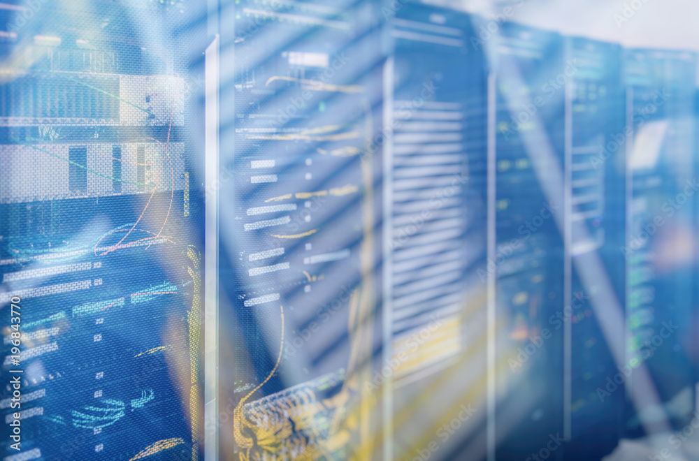 Modern supercomputers in computational data center. multiple exposure ...