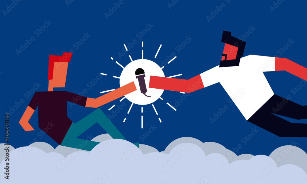 God Creating Adam. Man giving mic to another person. Vector ...