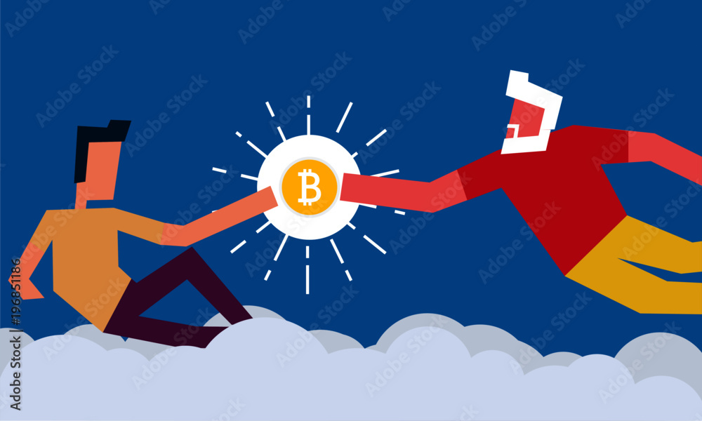 God Creating Adam. Man giving Bitcoin to another person. Vector ...