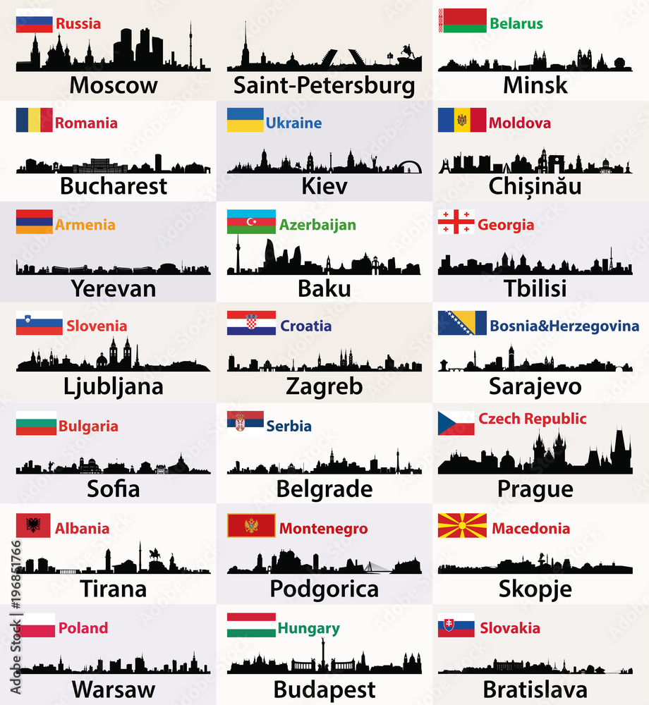 vector silhouettes of East European cities skylines with countries ...