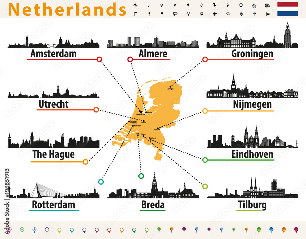 Póster Netherlands map with largest cities skylines silhouettes ...