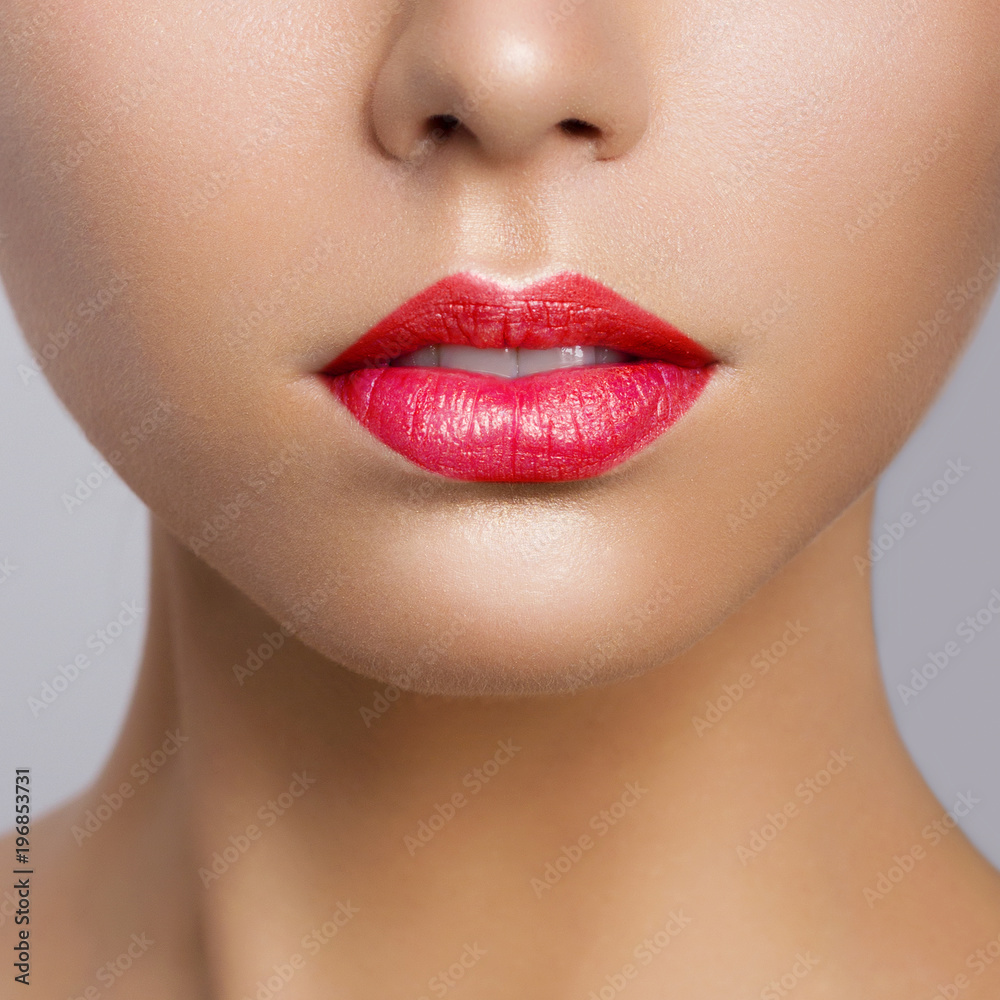 Sexual full lips. Natural gloss of lips and woman's skin. The mouth is ...