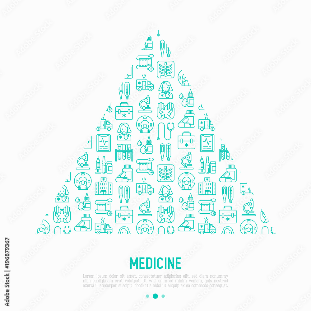 Medicine concept in triangle with thin line icons: doctor, ambulance ...