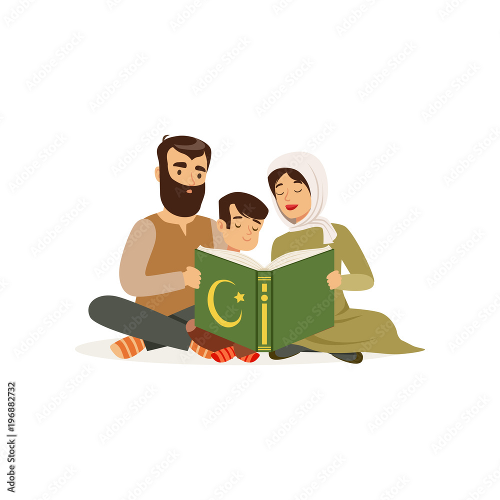 Father, mother and their little son sitting on floor and reading holy ...