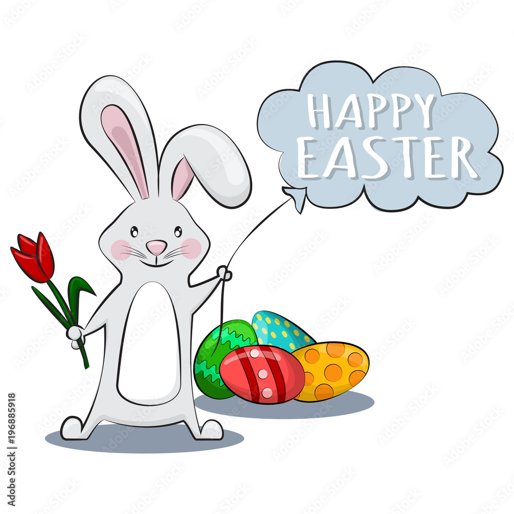 Сute rabbit with red tulip, holds balloon in the shape of cloud with ...