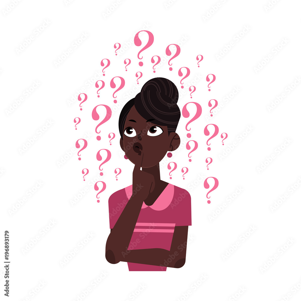 Young woman perplexing with lot of questions stands under questionmarks ...