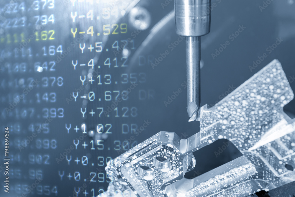 The abstract scene of 5-axis CNC machine and the G-code in the light ...