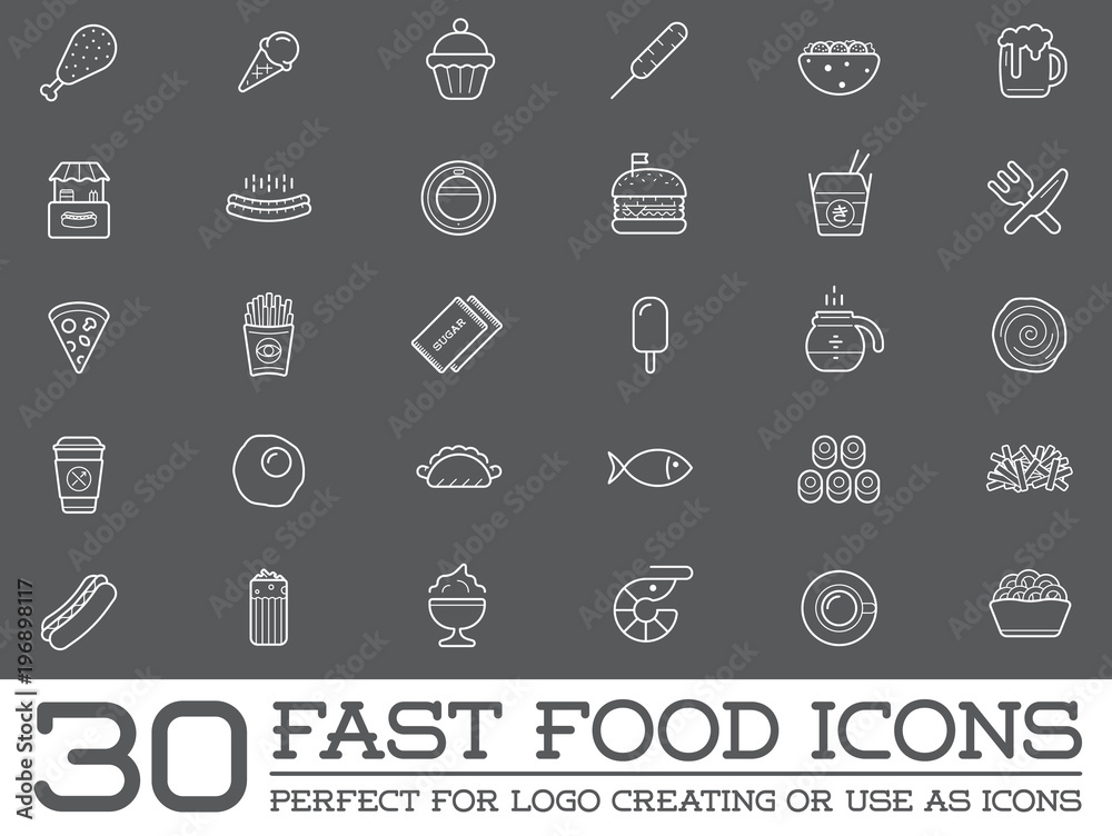 Set of Raster Fastfood Fast Food Elements Icons and Equipment as ...