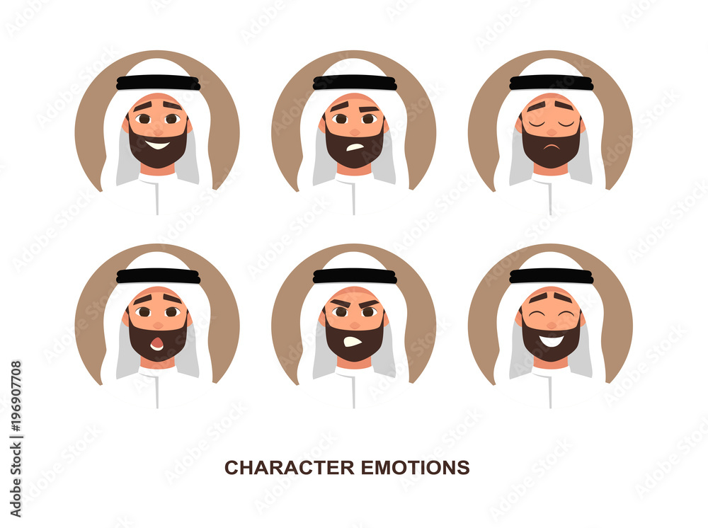 Cartoon arab man avatars emotion. Set of avatars with character ...
