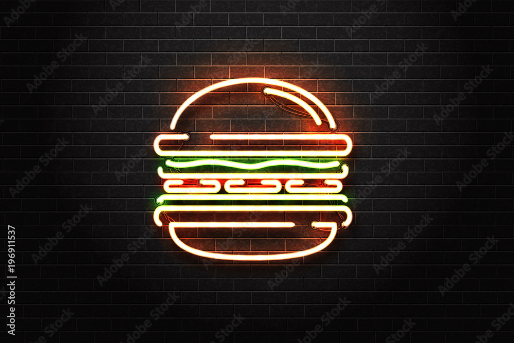 Vector realistic isolated neon sign of burger logo for decoration and ...