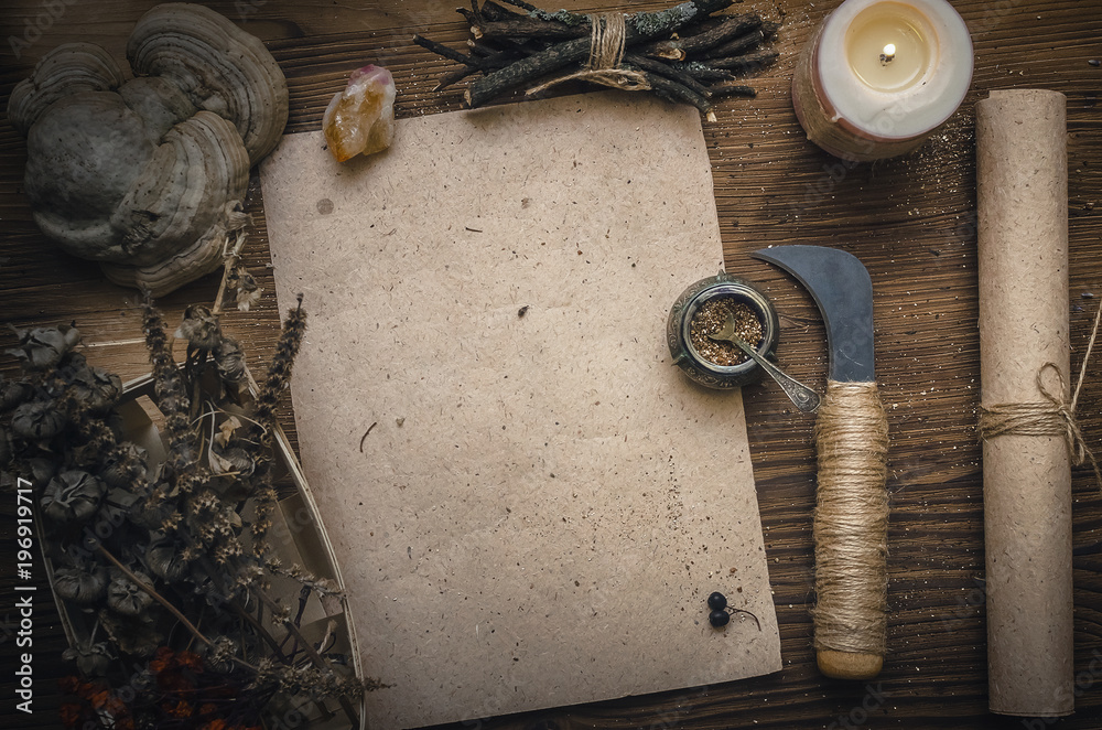 Magic potion ancient recipe scroll with copy space. Alternative herbal ...