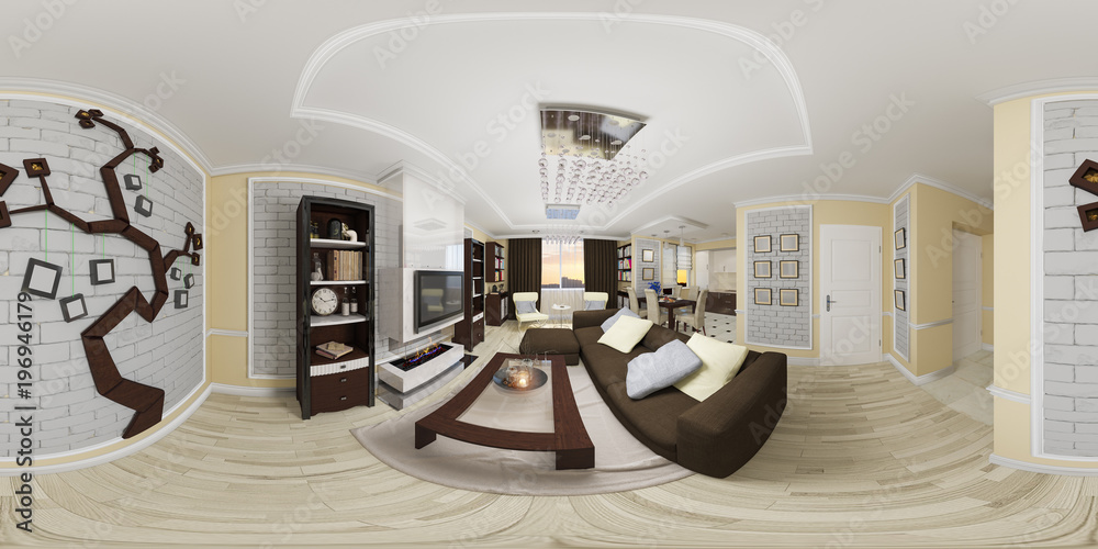 3d illustration spherical 360 degrees, seamless panorama of living room ...