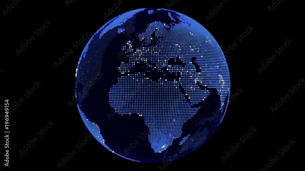 Blue point world globe Europe and Africa map with white dot cities on ...