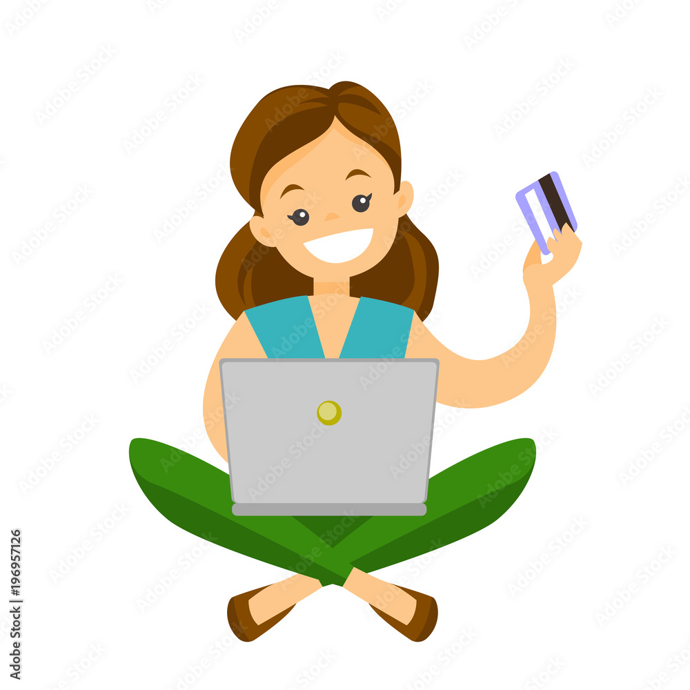 Caucasian white woman sitting on the floor with a laptop computer and ...