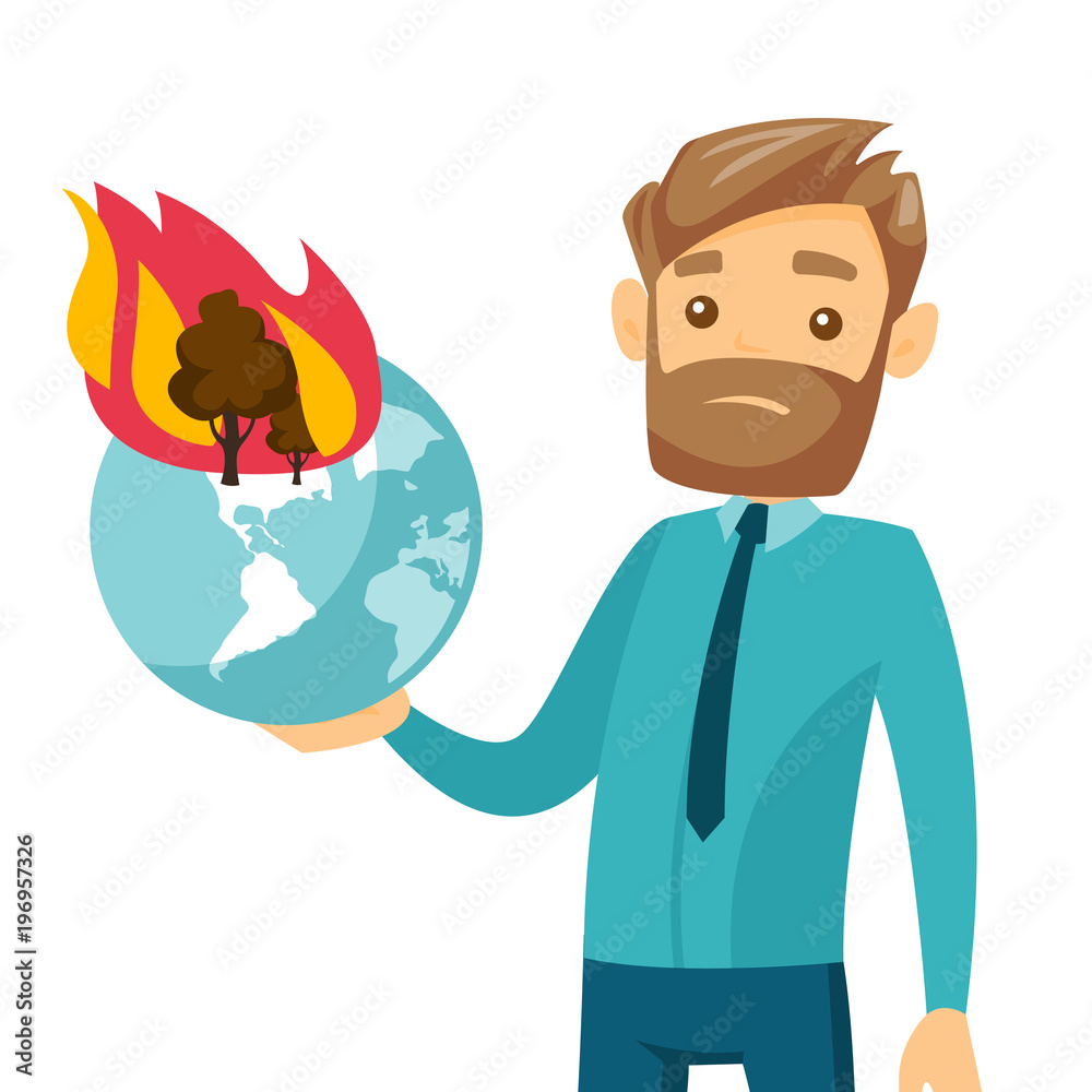 Young caucasian white man holding globe with forest in fire. Concept of ...