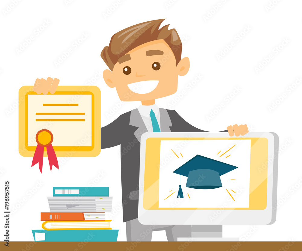 Young caucasian white graduate holding certificate and tablet computer ...