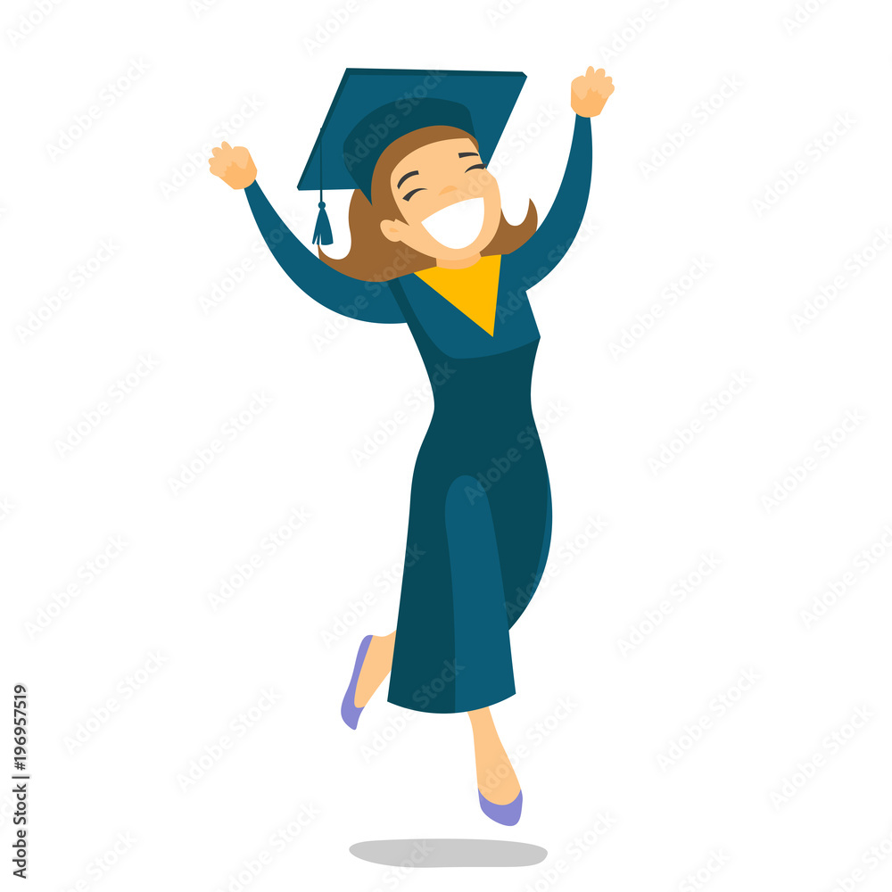 Young excited caucasian white graduate in graduation cap and cloak ...