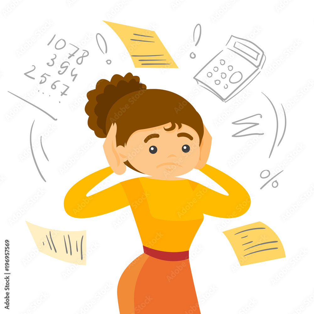 Unhappy caucasian white woman calculating home bills. Young sad woman ...