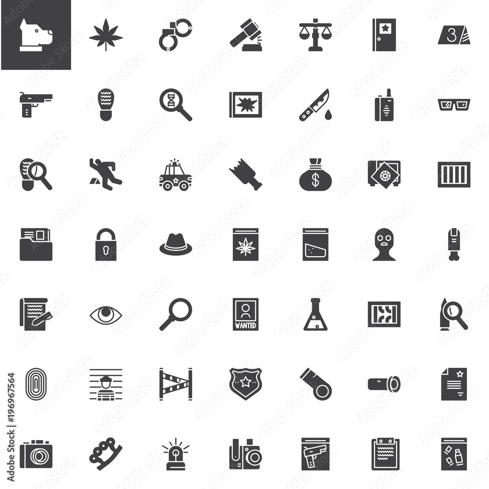 Crime investigation vector icons set, modern solid symbol collection ...
