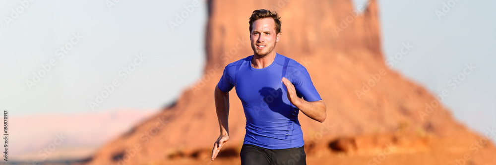 Running man sprinting cross country trail run. Male fit sport fitness ...