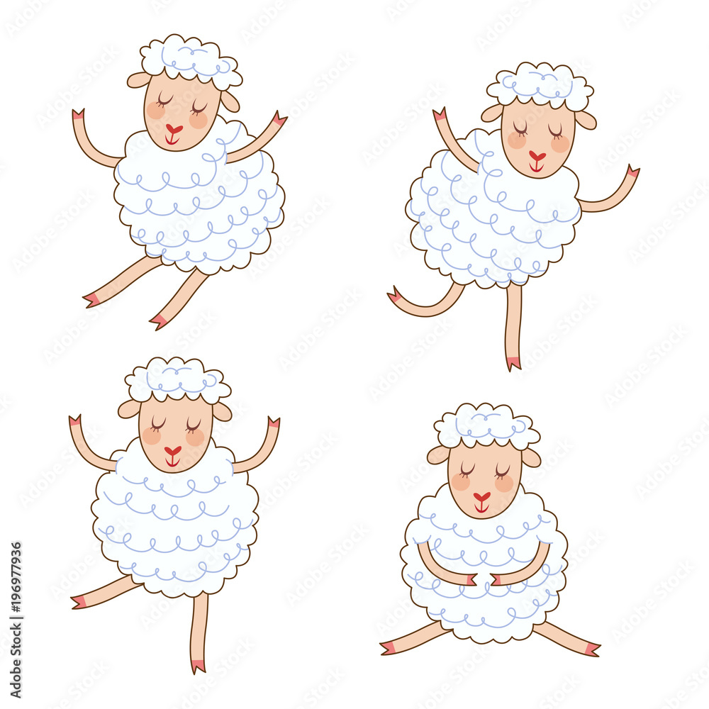 Funny little sheep set in different poses. Collection isolated sheep in ...