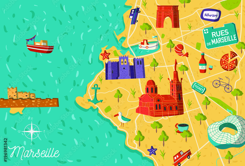 Cartoon style France Marseille sightseeing vector map. Summer vacation ...