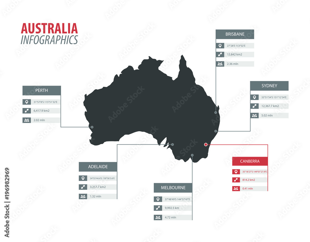 Australia map shape vector infographics template. Modern city region ...