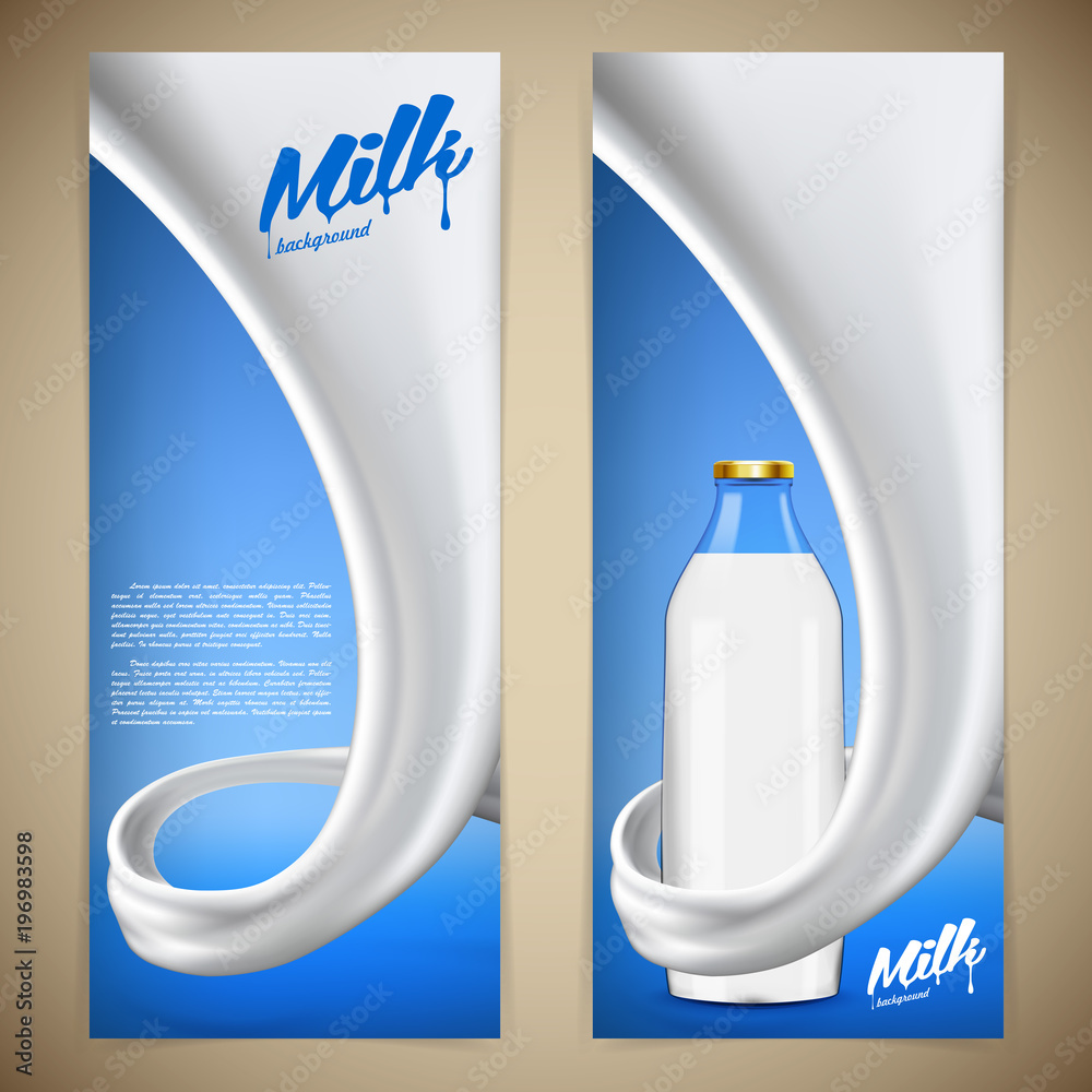 Milk design flyer vector illustration with full glass bottle in milk or ...