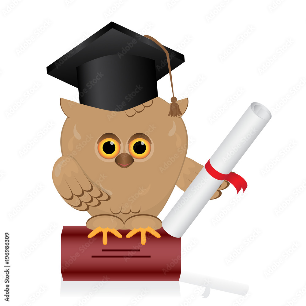 Wise owl sits on a book of knowledge.Bird with black graduate hat ...