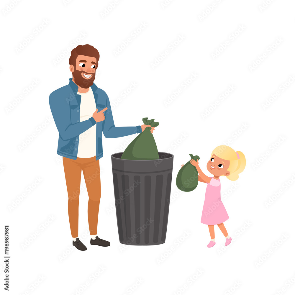Father and his little daughter throwing garbage into a trash can ...