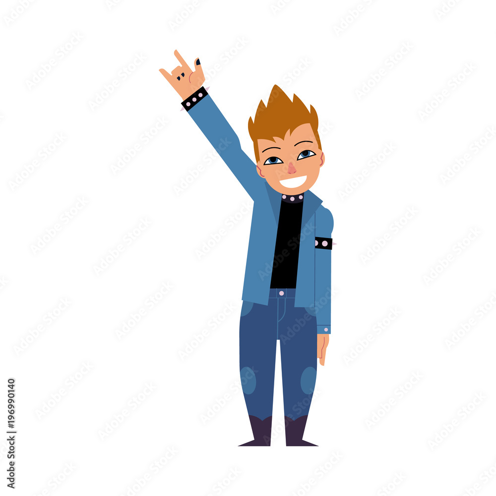 Young cartoon rock man staying and making hand horns gesture isolated ...