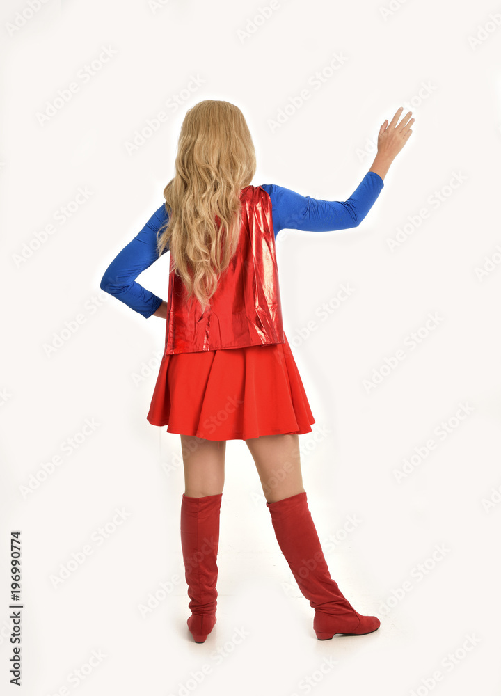 Poster full length portrait of pretty girl wearing super hero costume ...