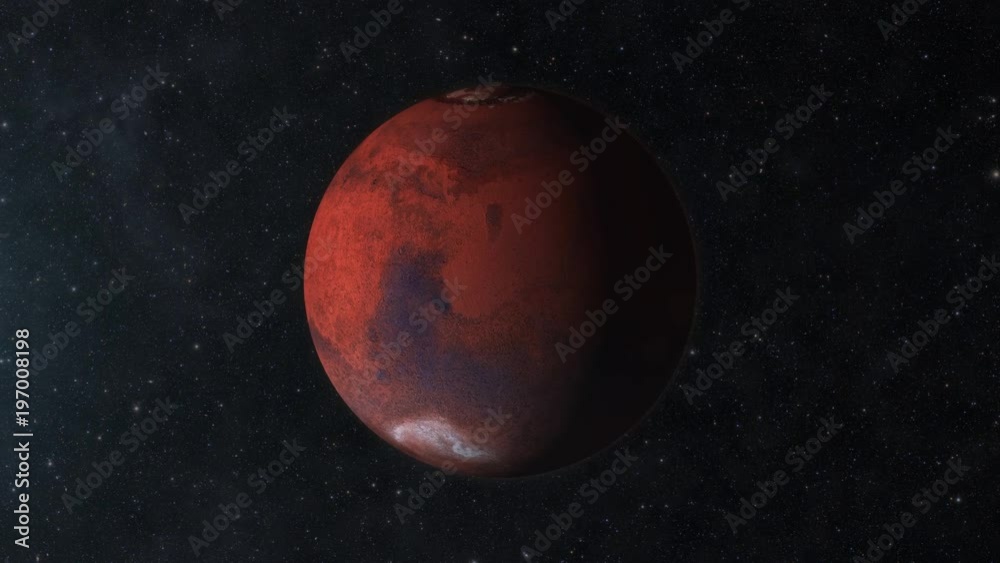 Traveling to the red planet Mars in space. The day/night terminator is ...