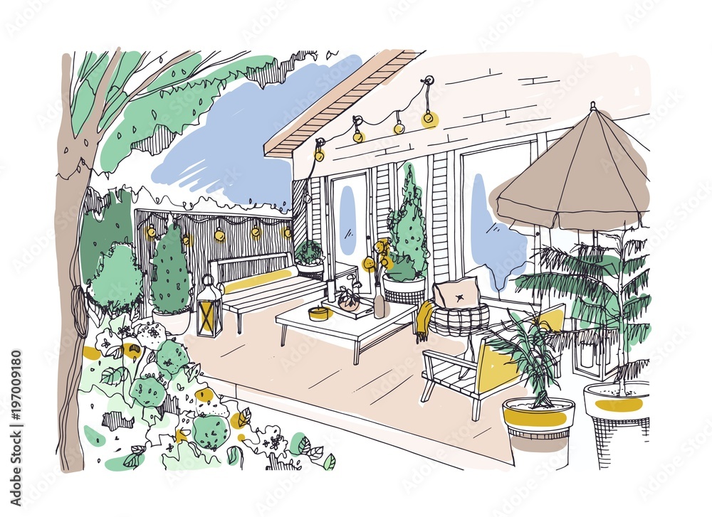 Freehand drawing of backyard patio or terrace furnished in Scandinavian ...
