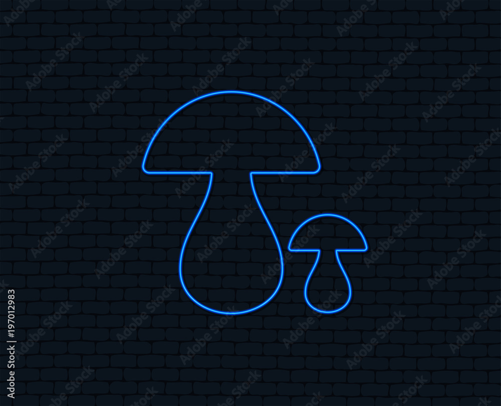 Neon light. Mushroom sign icon. Boletus mushroom symbol. Glowing ...