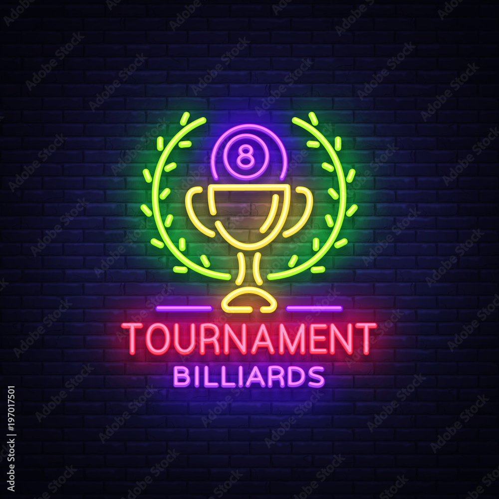 Billiards Tournament logo in neon style. Neon sign Design Template for ...