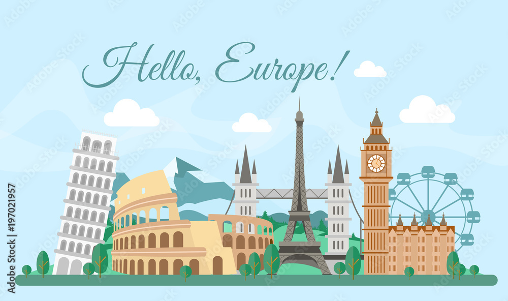 Vector illustration Welcome Europe greeting card, poster with famous ...