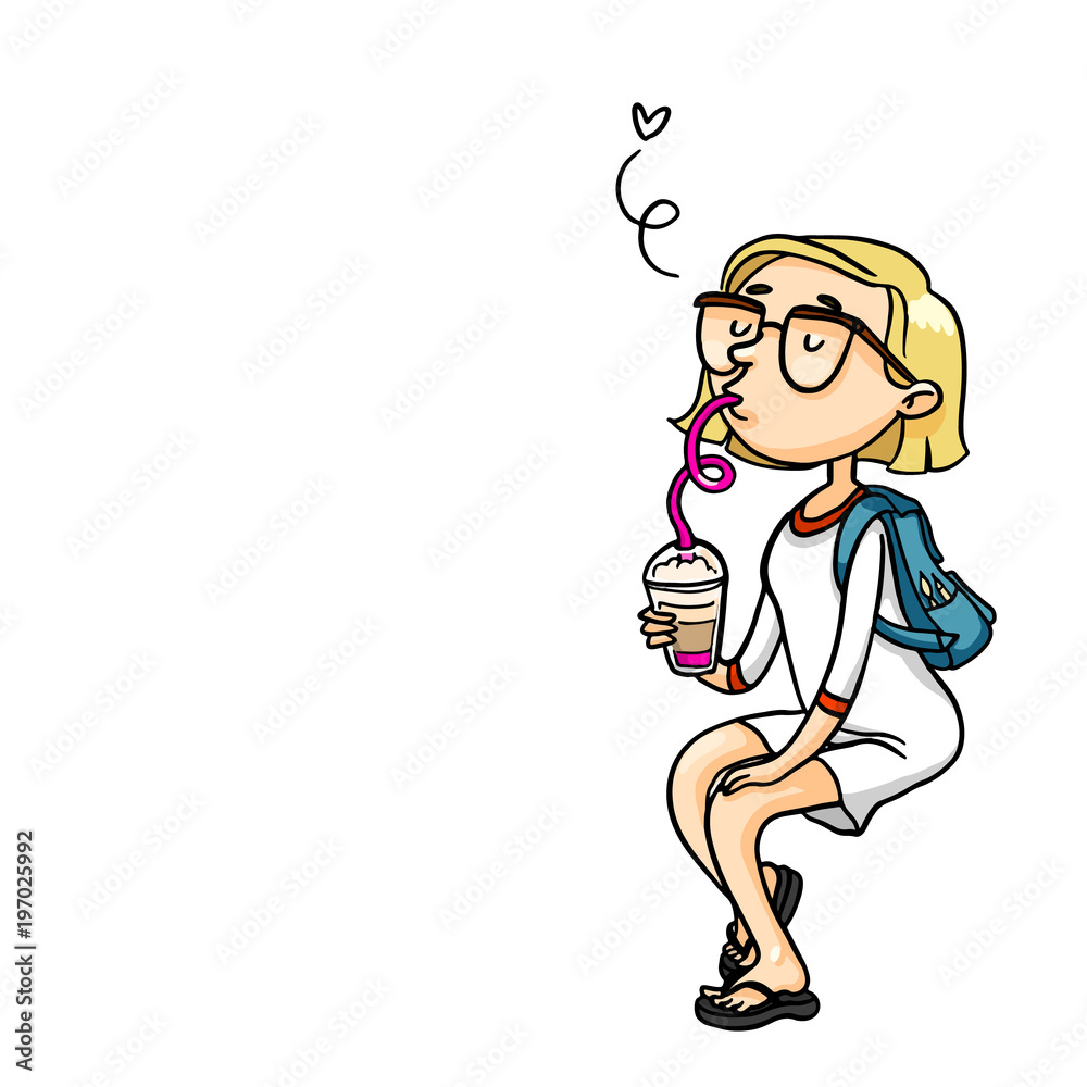 Cute cartoon girl drinking milkshake with straw. Vector isolated hand ...