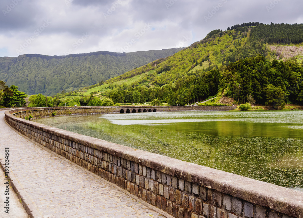 Bridge over Lagoa das Sete Cidades, Sao Miguel Island, Azores, Portugal ...