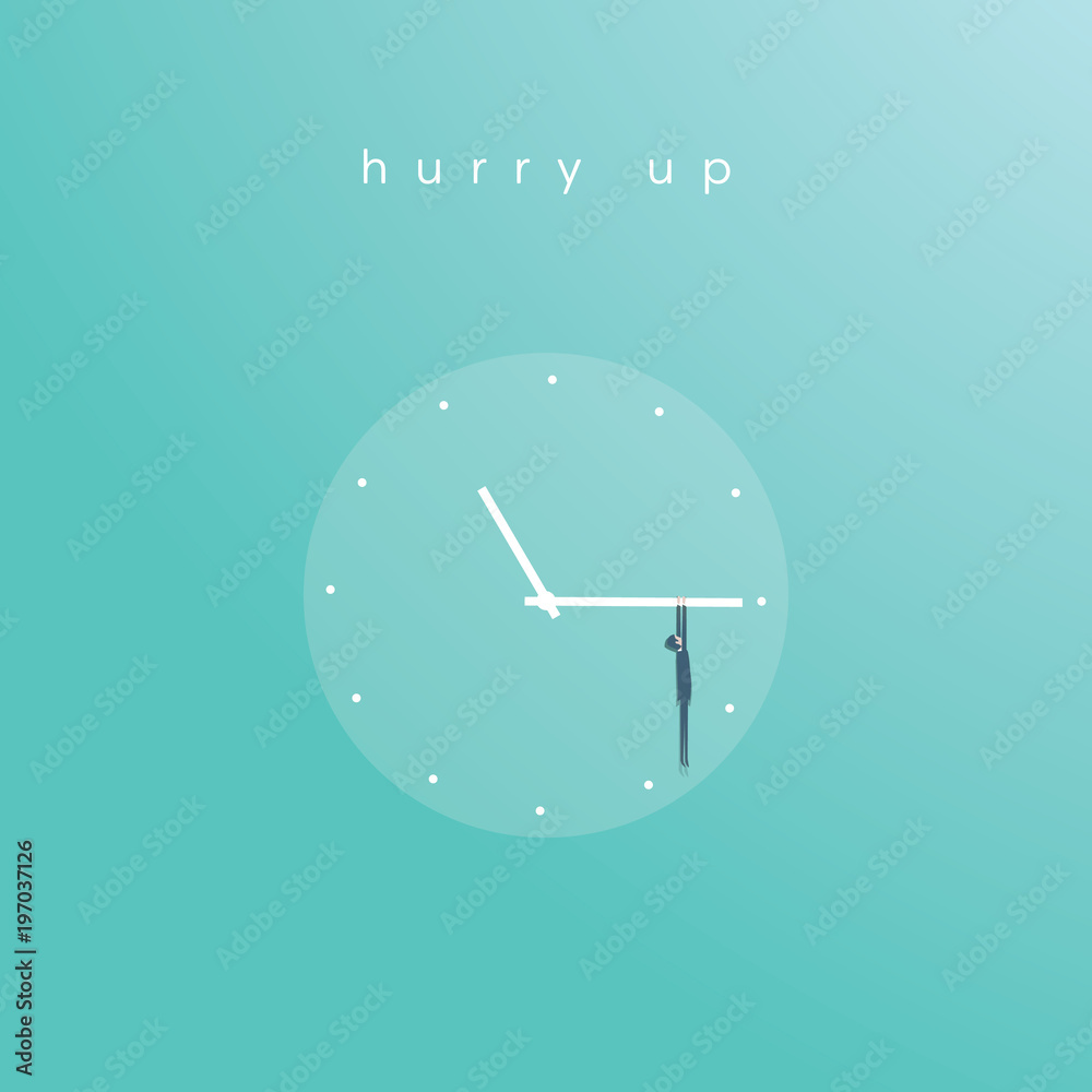 Business deadline vector concept with businessman hanging on clock face ...