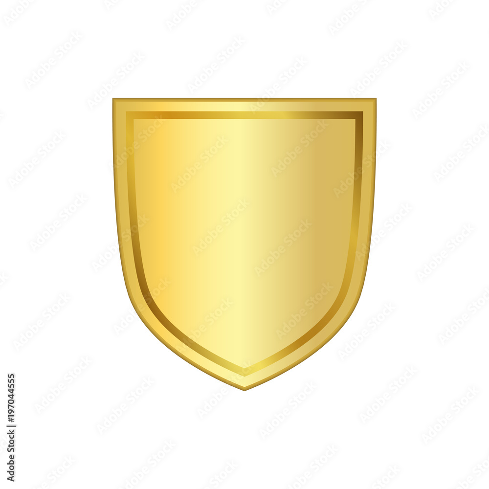 Gold shield shape icon. 3D golden emblem sign isolated on white ...