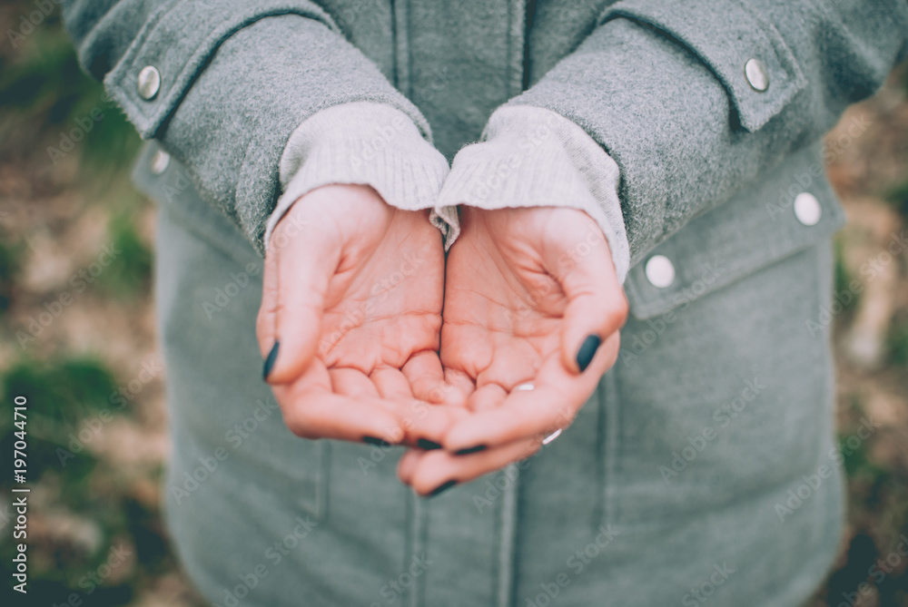 Tender girl's pale hands making a cupping gesture. Open palms. Empty ...